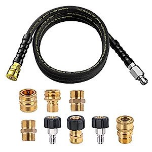 POHIR Pressure Washer Whip Hose 10 FT, Adapter Set 8 Pack, 2 Different M22-14 Swivel to 3/8'' Male and Female Quick Connect, 3/4" Brass Garden Hose Quick Release Connector M22 15/14mm to 14mm Fitting