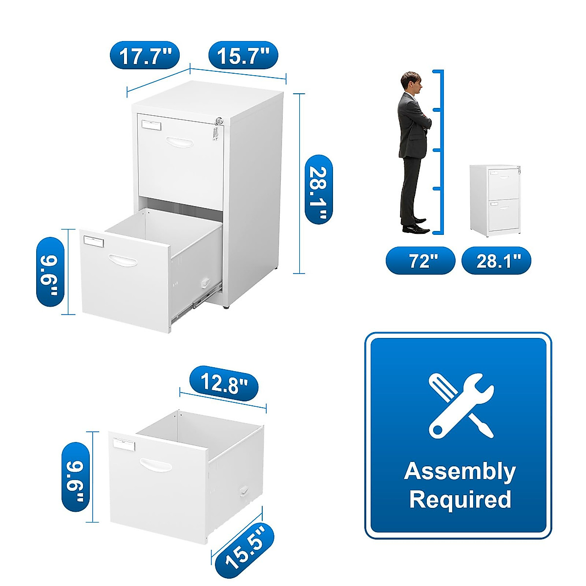 2 Drawer Filing Cabinet with Lock, Vertical White Metal File Cabinet for Home Office, Modern Locking Steel File Storage Cabinet Narrow Files Cabinets for Hanging A4/Legal/Letter Size-Assembly Required