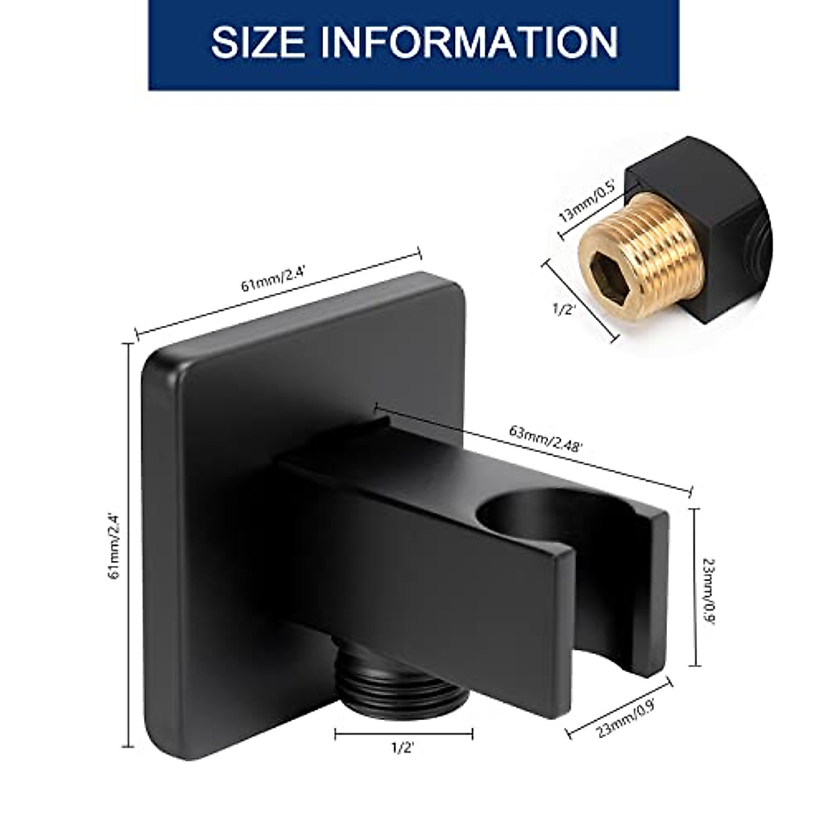 NearMoon Wall Supply Elbow with Handheld Shower Holder - Solid Brass Square Shower Bracket with Flange G1/2 Shower Hose Connector, Wall Mounted Drop Union Male Water Outlet (Matte Black)