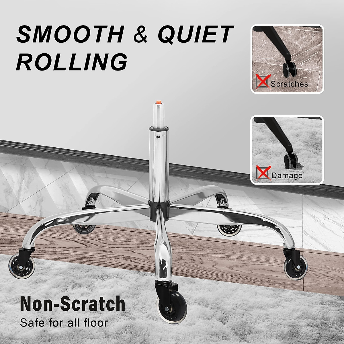 Frassie 28 Inch Office Chair Metal Base Replacement Heavy Duty Computer Chair Base Part with 5 Casters 1 Gas Lift Cylinder (Silver)