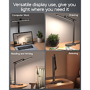 XREY LED Desk Lamp with Wireless Charger, USB Charging Port, Desk Lamp Touch Control Dimmable with 5 Color Modes & 5 Brightness, Eye Caring Desk Lamp, 2 Night Lights (Black)