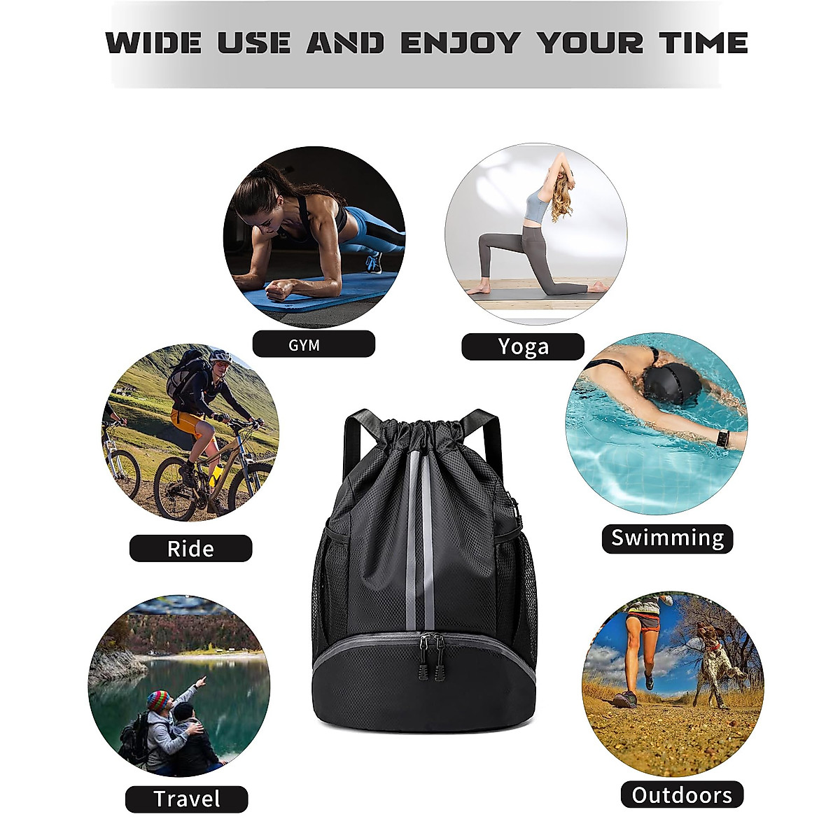 SENIKO Drawstring Backpack,String Swim Gym Bag with Shoes Compartment and Wet Proof Pocket for Women Men Sports Travel (Black)