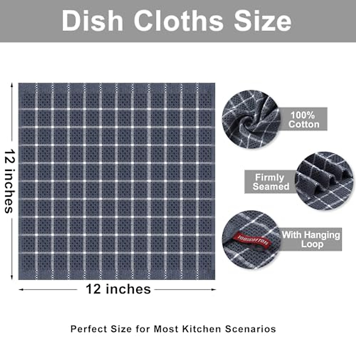 Fintale Kitchen Dish Cloths 6 Pack,12 x 12 Inches,100% Cotton Waffle Weave Soft and Super Absorbent Dish Towels, Quick Drying Dish Rags for Washing Dishes, Lattice Designed, Grey