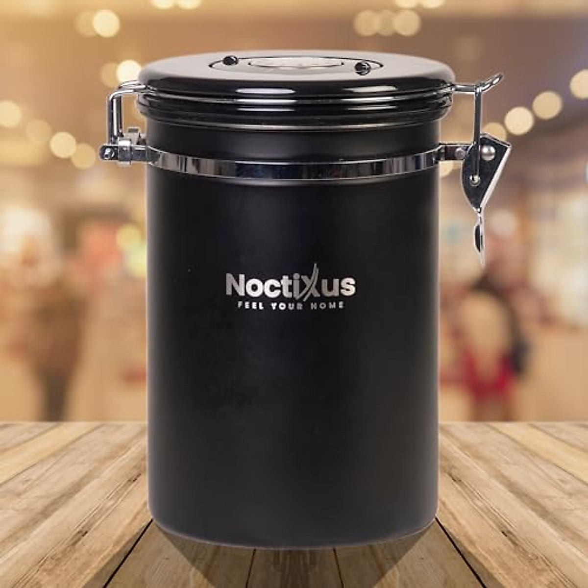 NoctiXus Stainless Steel Coffee Canister/Container for Airtight Food Storage with Date Tracker. Scoop and Release Valves Included. 22 Oz. Black