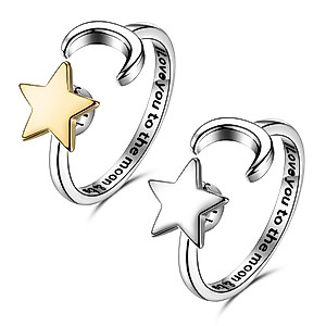 OAYAO Moon Star Anxiety Ring Spinner, 2Pcs Adjustable Moon Rings for Women Sterling Silver, Spinner Fidget Rings for Anxiety For Women