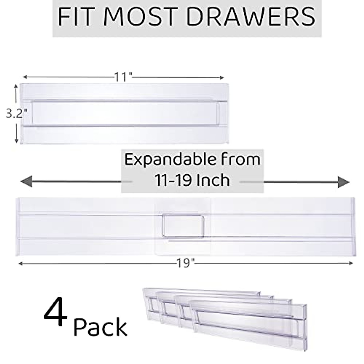 KIKILIE 4 Pack Transparent Drawer Dividers Organizer,Expandable 11-19 Dresser Drawer Divider - Multi-purpose Clear Drawer Organizers DD5250 DD5250