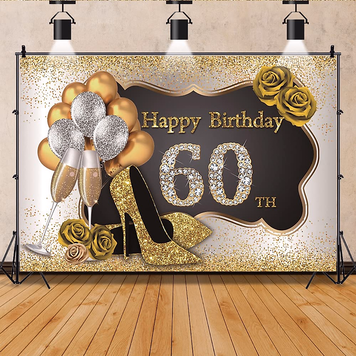 DORCEV 10x8ft Photography Backdrop for Woman Happy 60th Birthday Party Decor Luxury Gold Black Backdrop Banner Glitters Heels Roses Balloons Photo Background Mother Grandma Birthday Party Props
