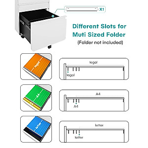 Dripex 3 Drawer File Cabinet, Metal Filing Cabinets with Lock Wheels for A4/Legal/Letter File, Anti-tilt Under Desk Design, Lockable Rolling Mobile File Cabinet for Home Office (White)
