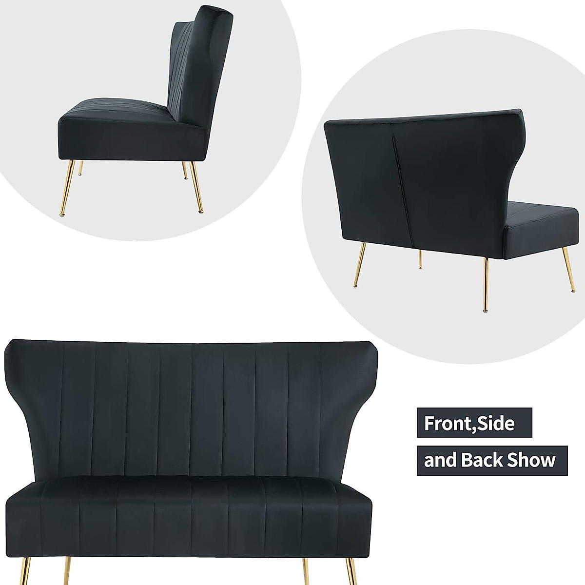 WQSLHX 50’’ Velvet Modern Armless Loveseat Sofa, Upholstered Small Wingback Couch Sofa with Golden Metal Legs, 2 Seater Tufted Couch for Bedroom, Apartment Small Space, Black
