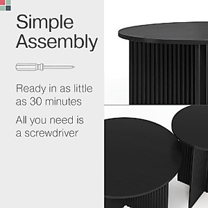 Round Fluted Nesting Coffee Table - 2 Piece Coffee Table Set - Living Room Furniture - Modern Home Decor - Solid Wood Base and Wood Grain Veneer Top (Blackened Oak)
