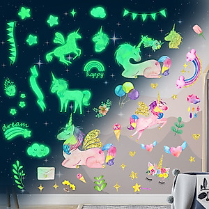 4 Sheets Glow in The Dark Unicorn Decals Glowing Moon Star Rainbow and Castle Wall Stickers Luminous Unicorn Peel and Stick Wall Art Decor for Kids Girls Bedroom Ceiling Birthday Party Nursery