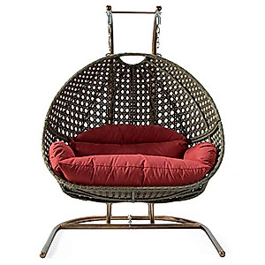 LeisureMod Outdoor Patio Beige Wicker Hanging 2 Person Double Egg Swing Chair (Dark Red)