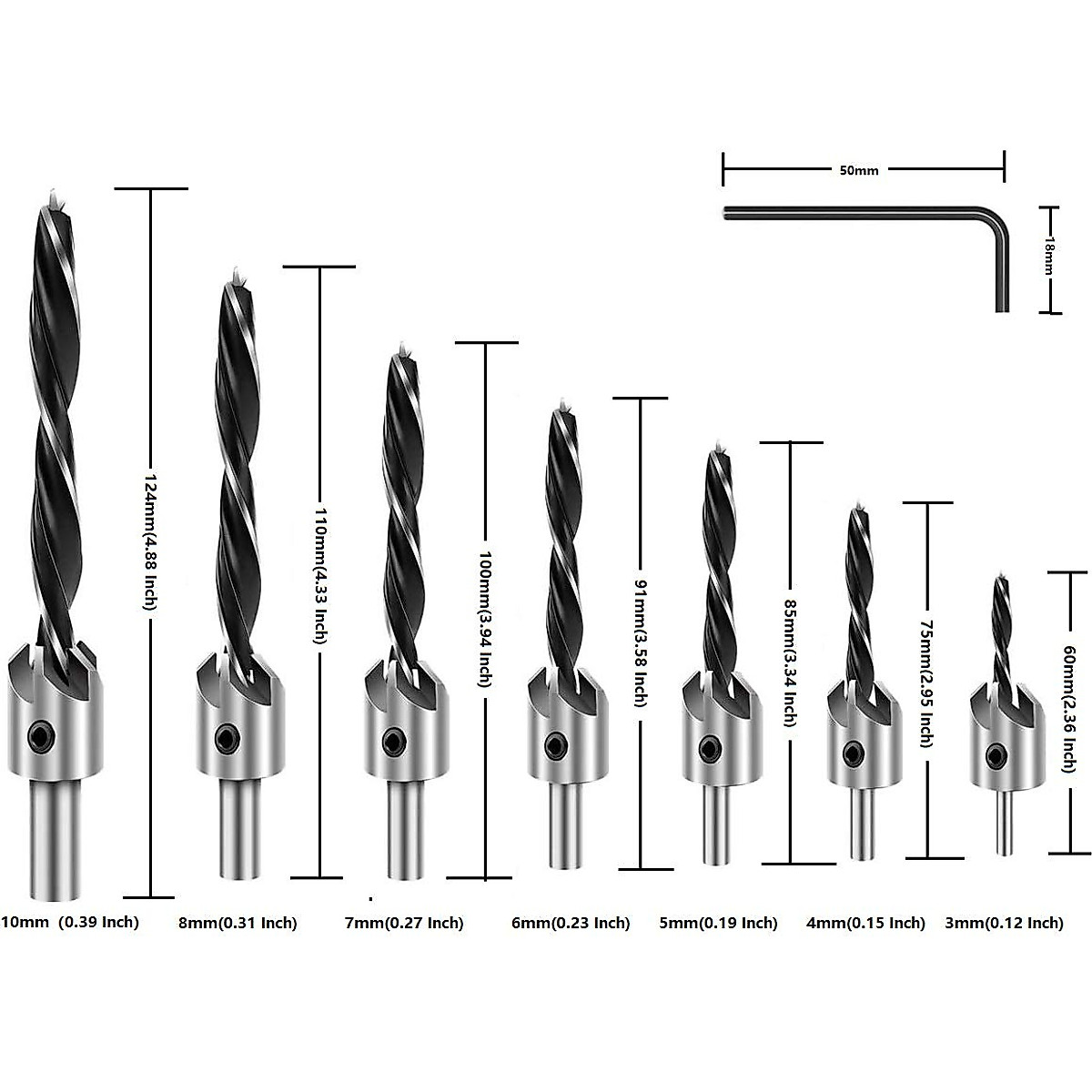 REDDSN Woodworking Countersink Drill Bit Set,Three-Pointed HSS Drill Bits Set Carpentry Reamer with Hex Key Wrench,for Drilling Wood and Plastic Include Size 3/4/5/6/7/8/10mm 7pcs