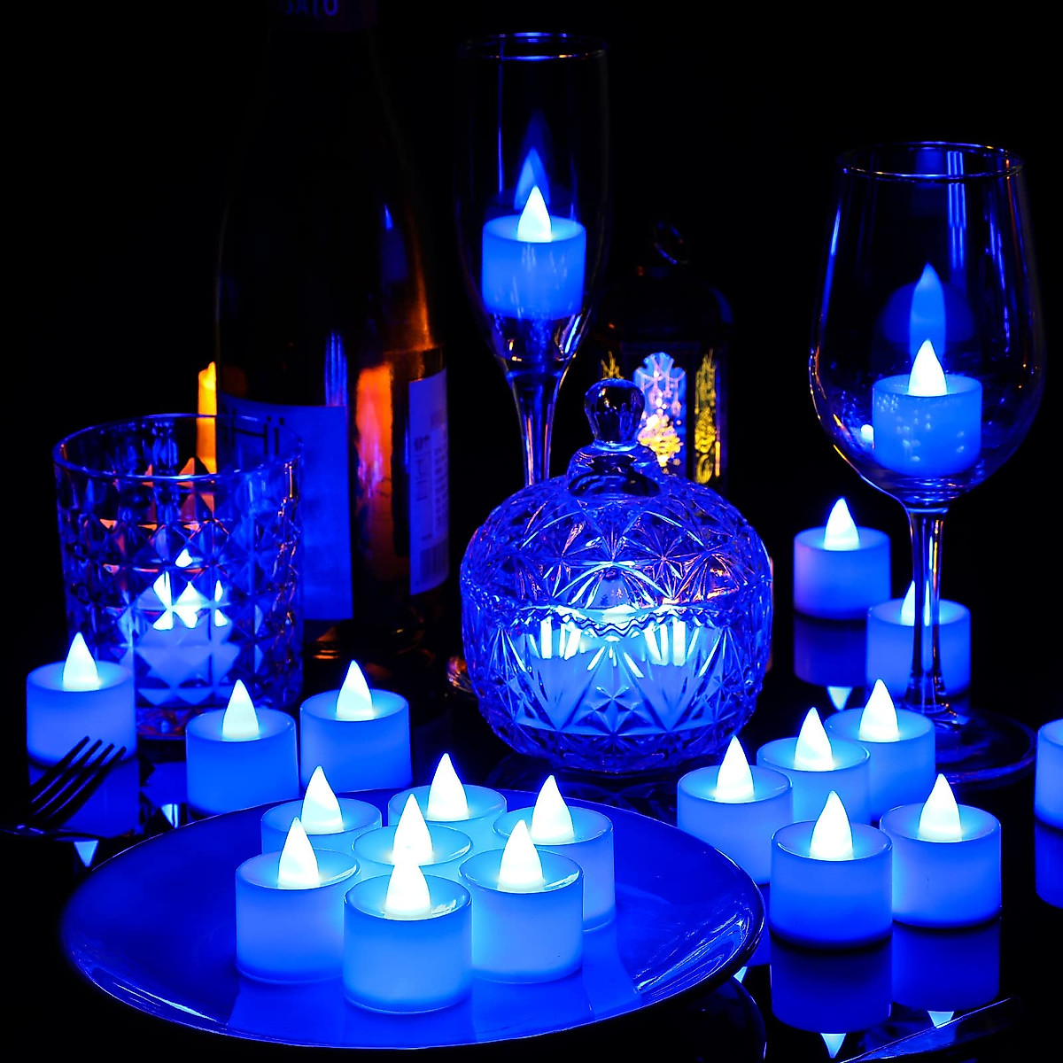 72 Pack Flameless Tea Lights Candles Blue LED Candles Wedding Flameless Flickering LED Candles Battery Operated Blue Tea Light Candle for Romantic Night Honeymoon Table Decor