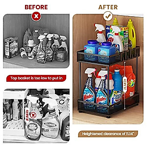 Bathroom ,Kitchen Sink Cabinet Organizer, 2 Tier Under Sink , Under Cabinet Organizers and Storage with 4 Hooks,Non-slip Feet, Metal