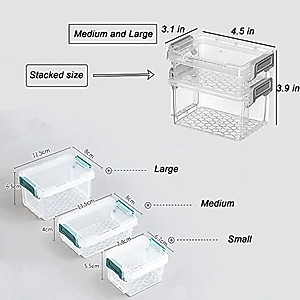 2 Pack Mini Plastic Storage Bin Organizing Container with Lids and Latching Buckles Stackable Nestable Clear Storage Containers Latching Box with Handle for Organizing, Medium and Large(Blue/Grey)