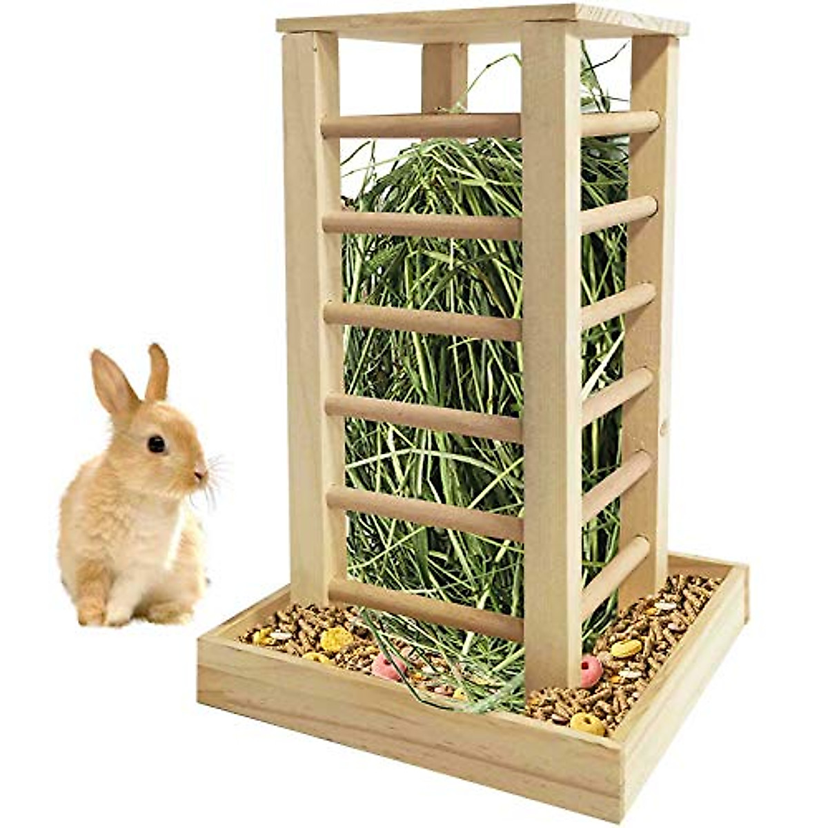 kathson Wooden Hay Feeder Rabbit Less Waste Food Feeding Rack Standing Pet-self Feeding Hay Manager Grass Holder Small Animals Cage Accessories for Bunny Chinchilla Guinea Pig