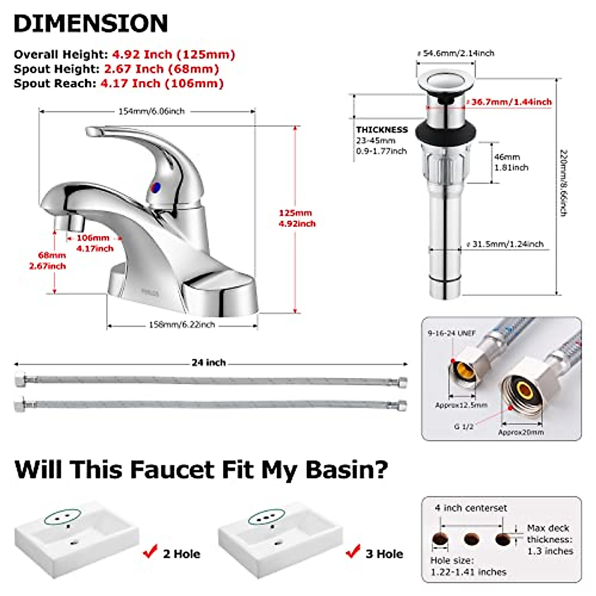 PARLOS Single Handle Mid Arc Centerset Bathroom Sink Faucet with Metal Drain Assembly and cUPC Faucet Supply Lines, Lead-Free, Chrome 13433