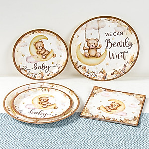 DataMoon Teddy Bear Baby Shower Decorations - 97 Pcs We Can Bearly Wait Tablecloth Baby Shower Plates and Napkins Party Decor Supplies Severs 24 for Boy Girl Gender Reveal, Happy Birthday Decorations