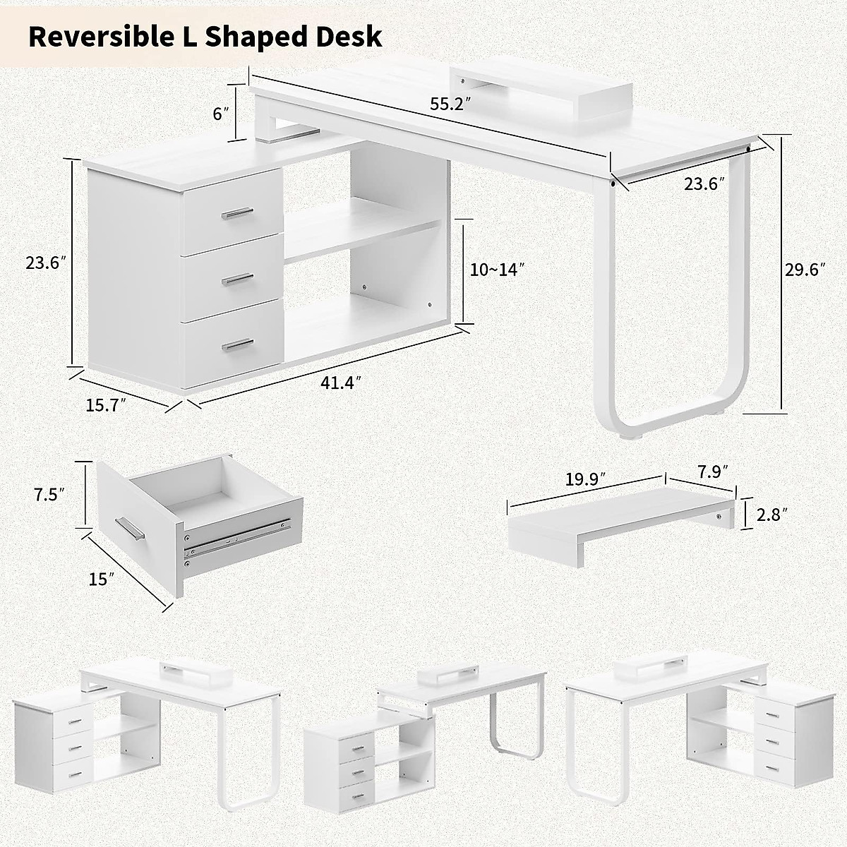HOMBCK L Shaped Desk with Storage, White Desk Reversible L Shaped Desk with 3 Drawers and File Cabinet, Corner Desk with Hutch and Shelves, Long Computer Desk for Home Office, White