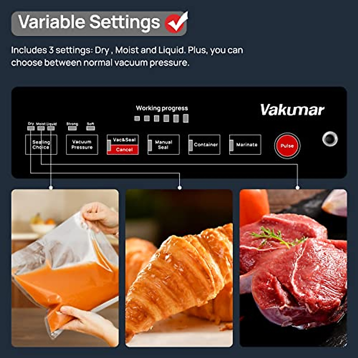 Vacuum Sealer, Vakumar 90Kpa Food Vacuum Sealer Machine Built-in Cutter & Bag Storage, Food Preservation Dry/Moist /Liquid Mode, Perfect for Liquid-Rich Foods Including Fresh Meats, Marinades, Sauces and More, Handle Locked Design