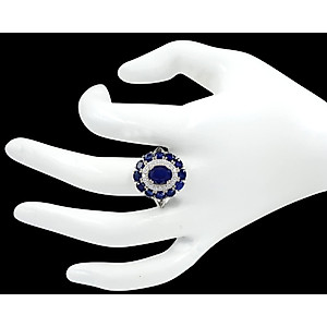 September Birthstone Natural 9X7 MM Oval Cut Blue Sapphire Gemstone 925 Solid Silver Cluster Unisex Proposal Ring Wedding Jewelry For Bridal Gift (Rhodium Plated Silver, 6)