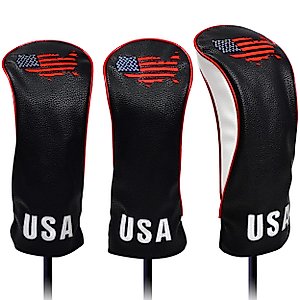 USA Golf Head Covers for Driver & Fairway Woods (Set of 3) - Premium Leather Headcovers, Designed to Fit All Woods and Drivers (Black)