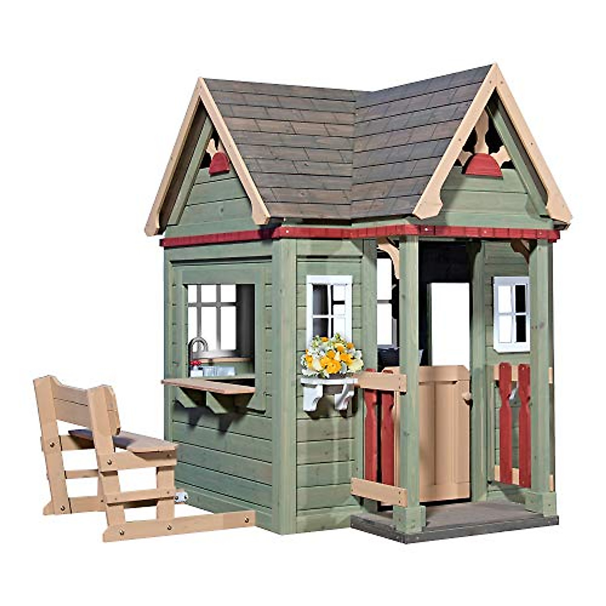 Backyard Discovery Victorian Inn All Cedar Outdoor Wooden Playhouse, Perfect for Small Yards, English Garden Bench, Awning Front Porch, Front Door, Flower Pots, Designed for Ages 2 to 10 yrs Old