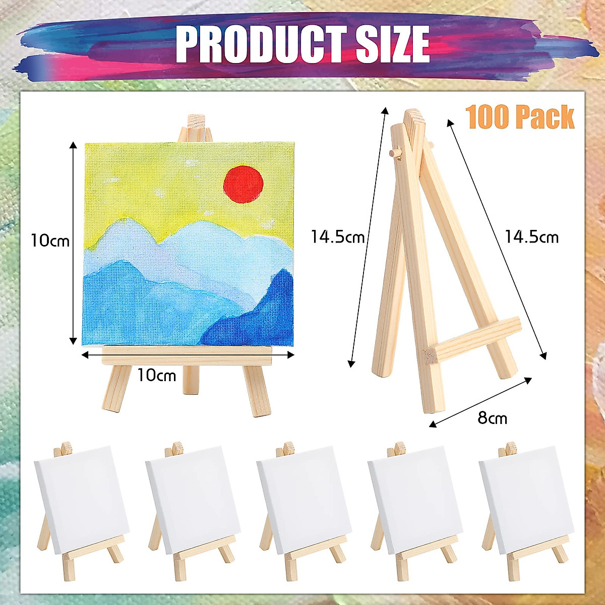 Fuutreo 200 Pcs Mini Canvas and Easel Set 100 Pcs Mini Canvas with 100 Pcs Wooden Easels Mini Stretched Canvas for Painting Canvas Painting Kit for Acrylic Pouring Oil Paint Water Color(4 x 4 Inch)