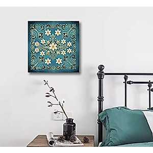 Bathroom art Bedroom decor Canvas wall art Floral pattern Print Bathroom abstract picture Teal bathroom accessories Wall decor Framed artwork Wall art hanging on Living room office 14"x14"x4 Panels