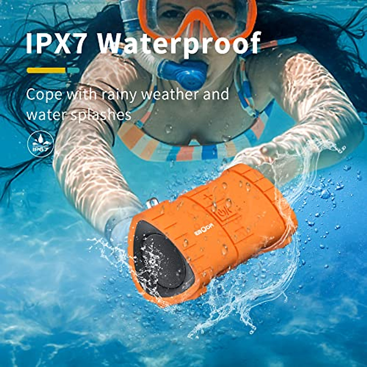 EBODA Waterproof Bluetooth Shower Speaker, Portable Wireless Outdoor Speakers with 24H Playtime, 2000mAh, IPX7 Floating for Kayak, Pool, Beach Accessories, Gifts for Men,Girls- Orange