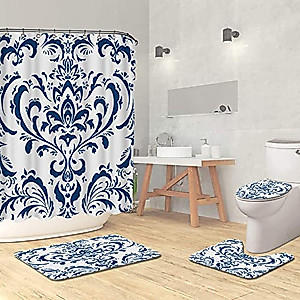 RyounoArt 4Pcs Damask Print Shower Curtain Sets with Non-Slip Rugs Toilet Lid Cover and Bath Mat Navy Blue Floral Paisley Shower Curtain Indigo Abstract Flowers Boho Style Bathroom Decor