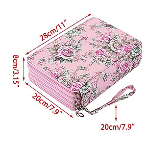 BTSKY Colored Pencil Case- 200 Slots Pencil Holder Pen Bag Large Capacity Pencil Organizer with Handle Strap Handy Colored Pencil Box with Printing Pattern Pink Rose