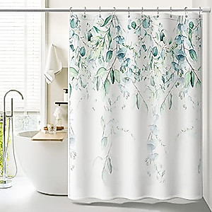 wangkato Shower Curtain Green Eucalyptus, with 12 Metal Hooks, Watercolor Sage Green Shower Curtain, Fabric Shower Curtain Liner, Plant& Succulent Shower Curtain Set (72 "X 72")