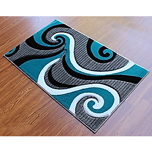 Masada Rugs, Sophia Collection Hand Carved Mat Modern Contemporary Turquoise White Grey Black (2 Feet X 3 Feet 4 Inch) Welcome Mat, Doormat, Bathroom Rug, Kitchen Mat, Small Space Rug
