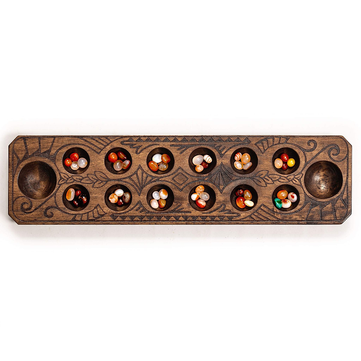 Yellow Mountain Imports Mancala Set with 17.3-Inch Solid Wood Board and Quartz Pebble Playing Pieces
