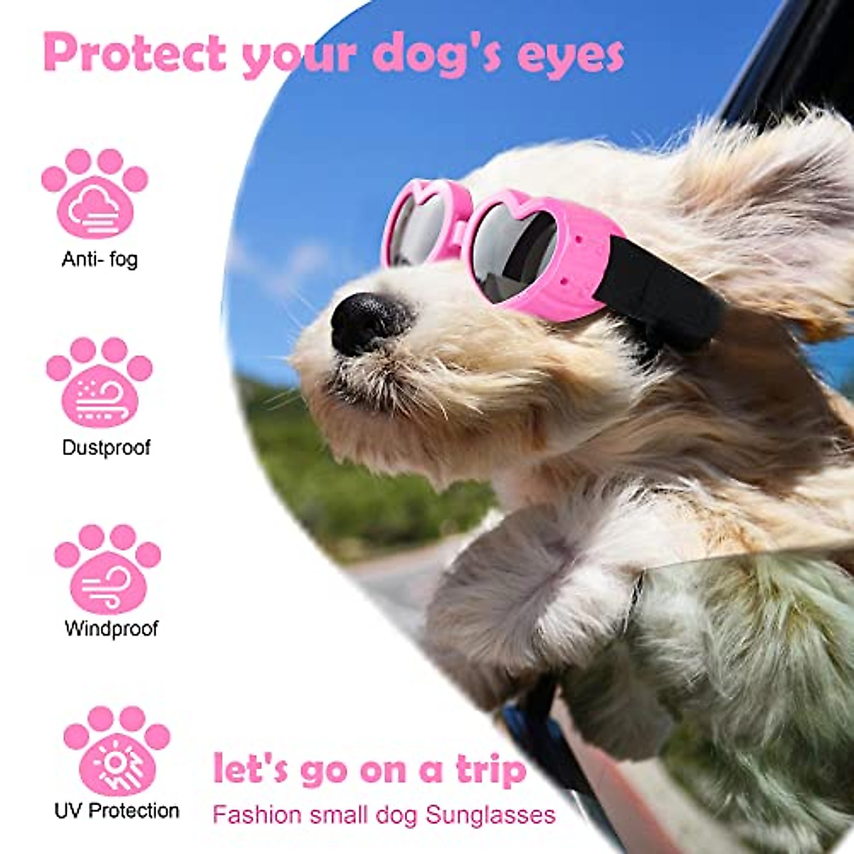 IKUSO Dog Sunglasses Small Breed,UV Protection Dog Sunglasses with Adjustable Strap, Heart Dog Goggles for Waterproof Windproof Anti-Fog Eye Protection,Beach Accessories for Puppy (Pink)