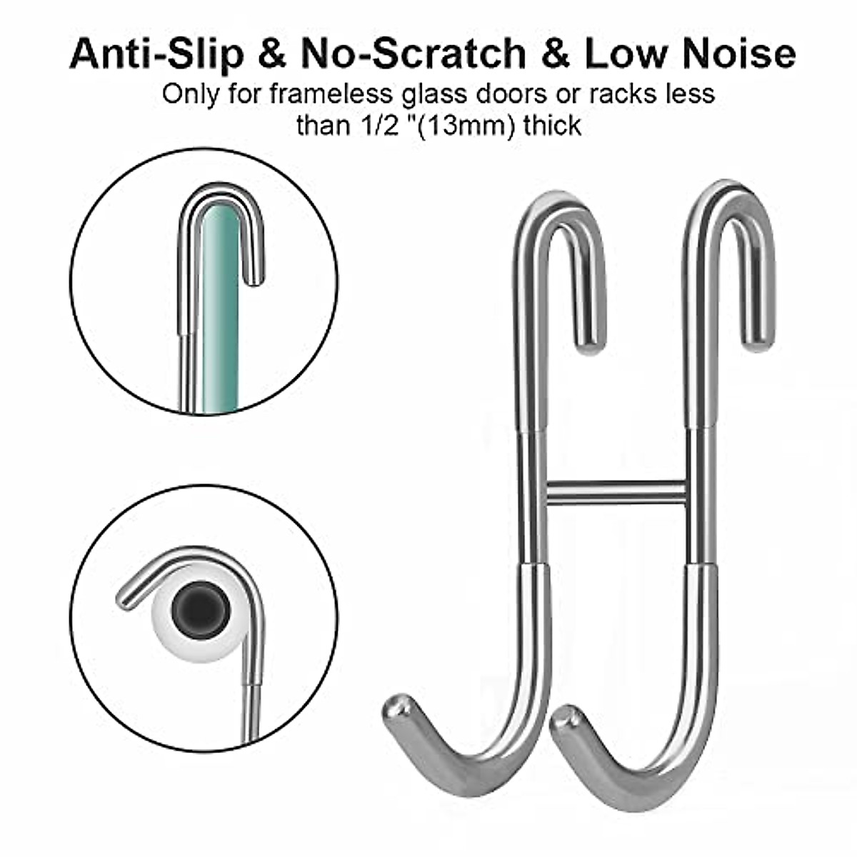 Haitis 2 Pack Over Shower Glass Door Hooks, Polished Silver, SUS 304 Stainless Steel Rack Hooks, Bathroom Frameless Drilling-Free Hanger, for Bathing Suits, Robe, Towel, Squeegee, Loofah, Shaver