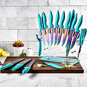 Knife Set 18 Pcs Stainless Steel Knives Set with Acrylic Storage Block Sharpener Sharp Cutlery Kitchen Knife Block Set Chef Cooking Cutting Knives Teal Turquoise Blue
