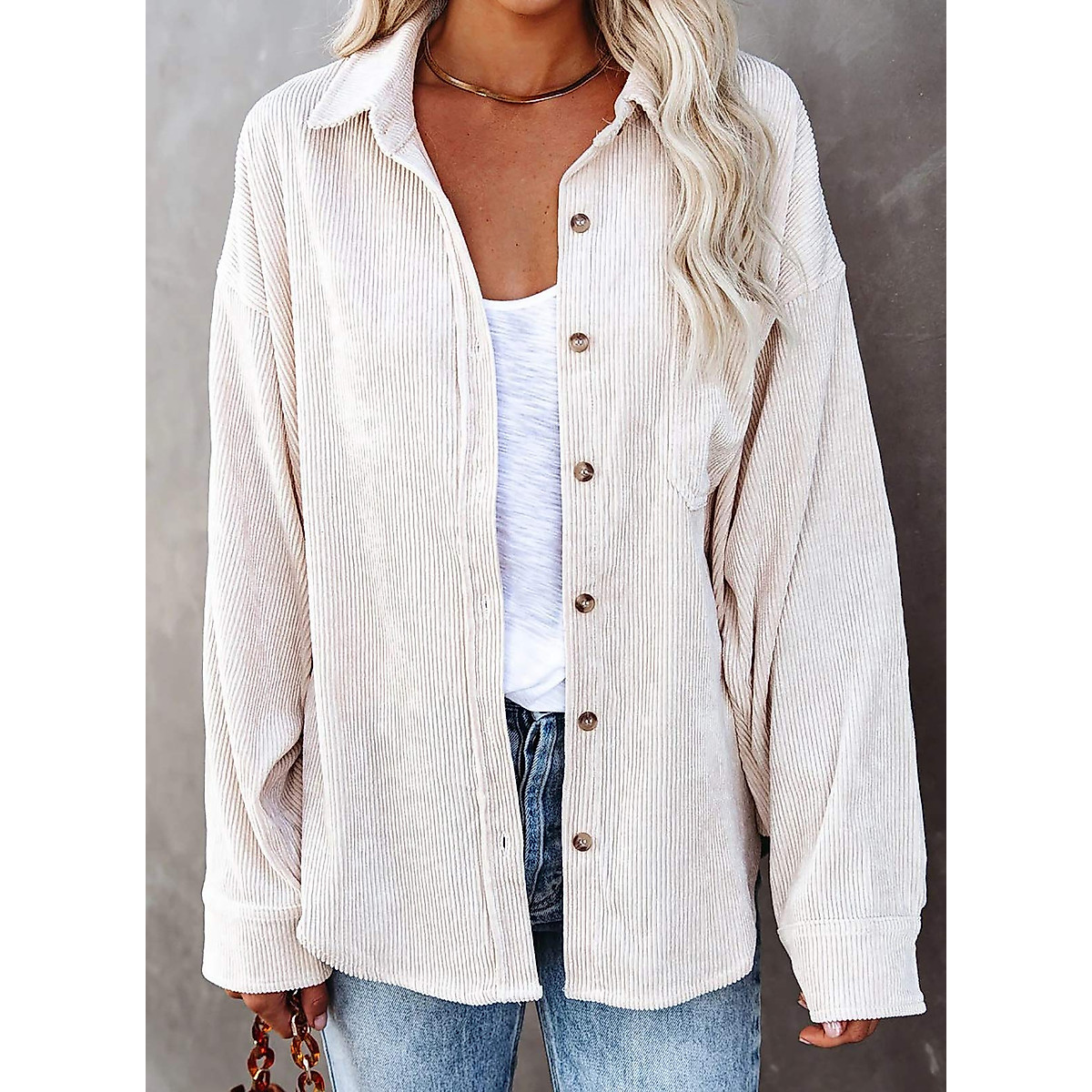 Astylish Womens Long Sleeve Button Up Pocket Shirts Ladies Loose Fit Corduroy Tunic Blouse Tops Beige M