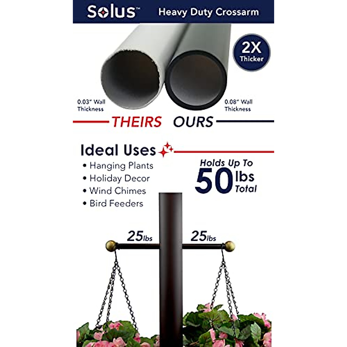 Solus SCA-335BK 15" Aluminum Cross Arm Ladder Rest for Outdoor Lamp Posts and Poles, Easy to Mount, Maintenance Free and Weather Resistant, Black Bar with Gold Caps