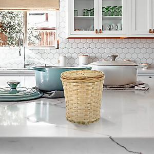 Hemoton 2pcs Small Woven Basket with Lid Rattan Trash Can Wastebasket Wicker Round Trash Bin Woven Storage Basket Decorative Egg Basket Laundry Hamper Flower Pots Planter Holder