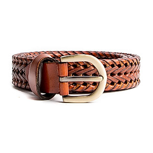 ECHAIN Women Braided Woven Genuine Leather Narrow Belt 25mm Wide (Brown, waist:35-40)