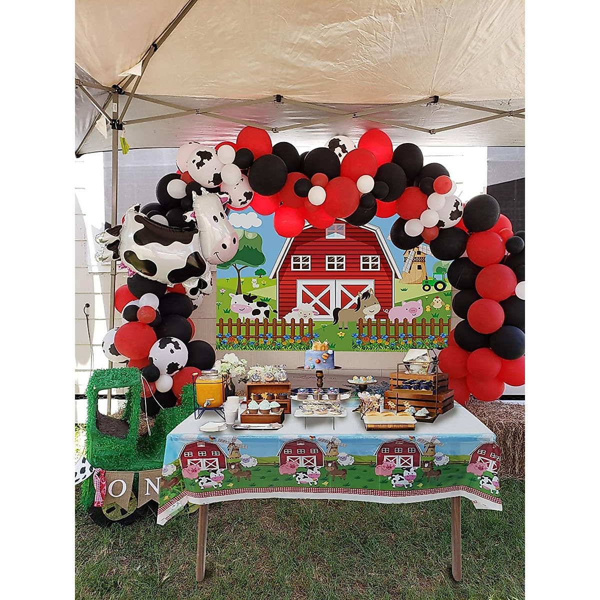 Farm Animals Theme Party Decorations,Farm Animals Barn Door Backdrop and Tablecloth for Children Baby Shower Birthday Party Supplies Banner (5x3ft)