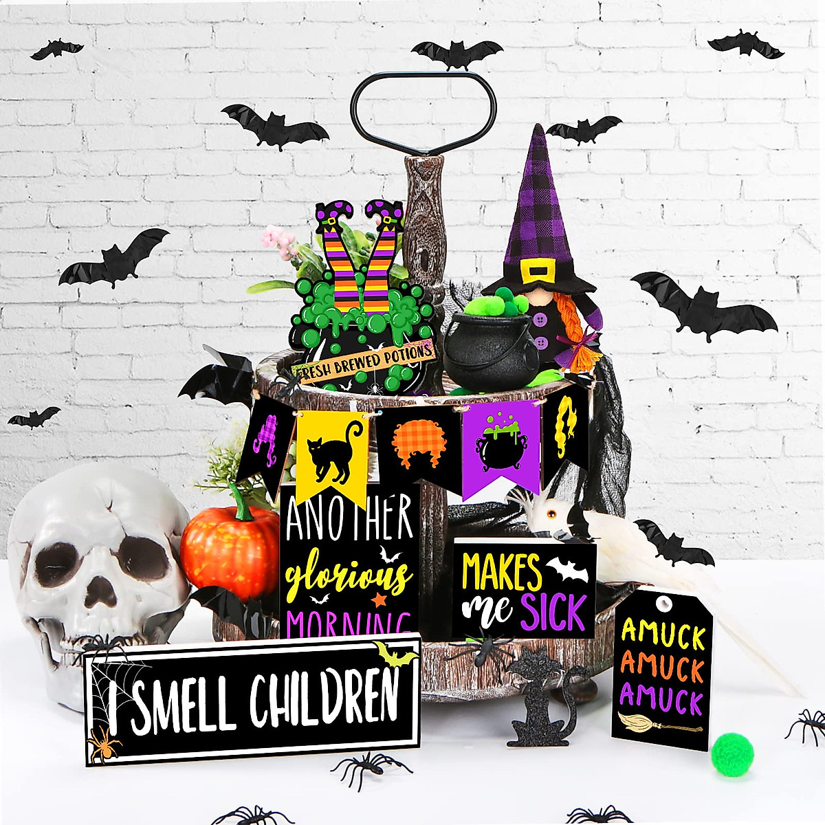 49PCS Halloween Tiered Tray Decor Farmhouse Rustic Tiered Tray Set 10Pieces Halloween Wooden Signs Halloween Decorations for Indoor Home Table Room Kitchen House, Tray Not Included