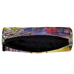 Oil Painting Cabin Log and Forest Lake Pencil Bag Pen Case Stationary Case Pencil Pouch Desk Organizer Makeup Cosmetic Bag for School Office