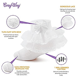 CozyWay Toddler Socks Lace Ruffle Baby Girl Socks Frilly Eyelet Trim Ankle Dress Socks 0-6 Months Multi Color - 3 Pack