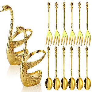 Pumtus 14 Pack Swan Base Holder with Coffee Spoon Forks, Gold Creative Dessert Flatware Set, Decorative Party Golden Serving Teaspoons for Stirring, Mixing, Sugar, Ice Cream, Fruit, 6 Spoons, 6 Forks