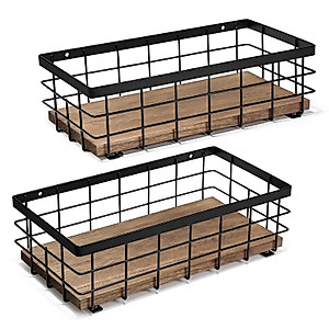 TJ.MOREE 2-Pack Small Metal Wire Basket, Decorative Wood Base Organizer for Bathroom, Kitchen, Basket for Toilet Paper Storage, Sugar Packet, Coffee Syrup, Guest Towel, Napkin