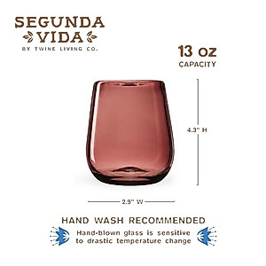 Segunda Vida Rosado Stemless Wine Glasses Set - Hand Blown Colorful Wine Glasses- Purple 100% Recycled Glassware Made in Mexico 13oz Set of 2